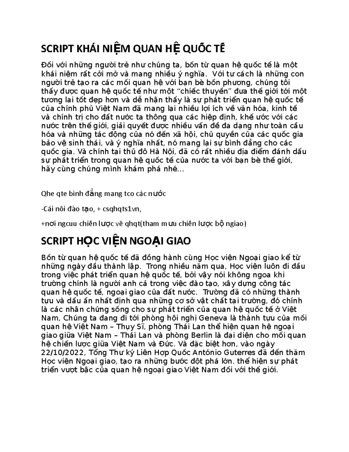 Script KHÁI NIỆM QUAN HỆ QUỐC TẾ - SCRIPT KHÁI NI ỆM QUAN H ỆQUỐỐC TẾỐ Đối với những người trẻ ...