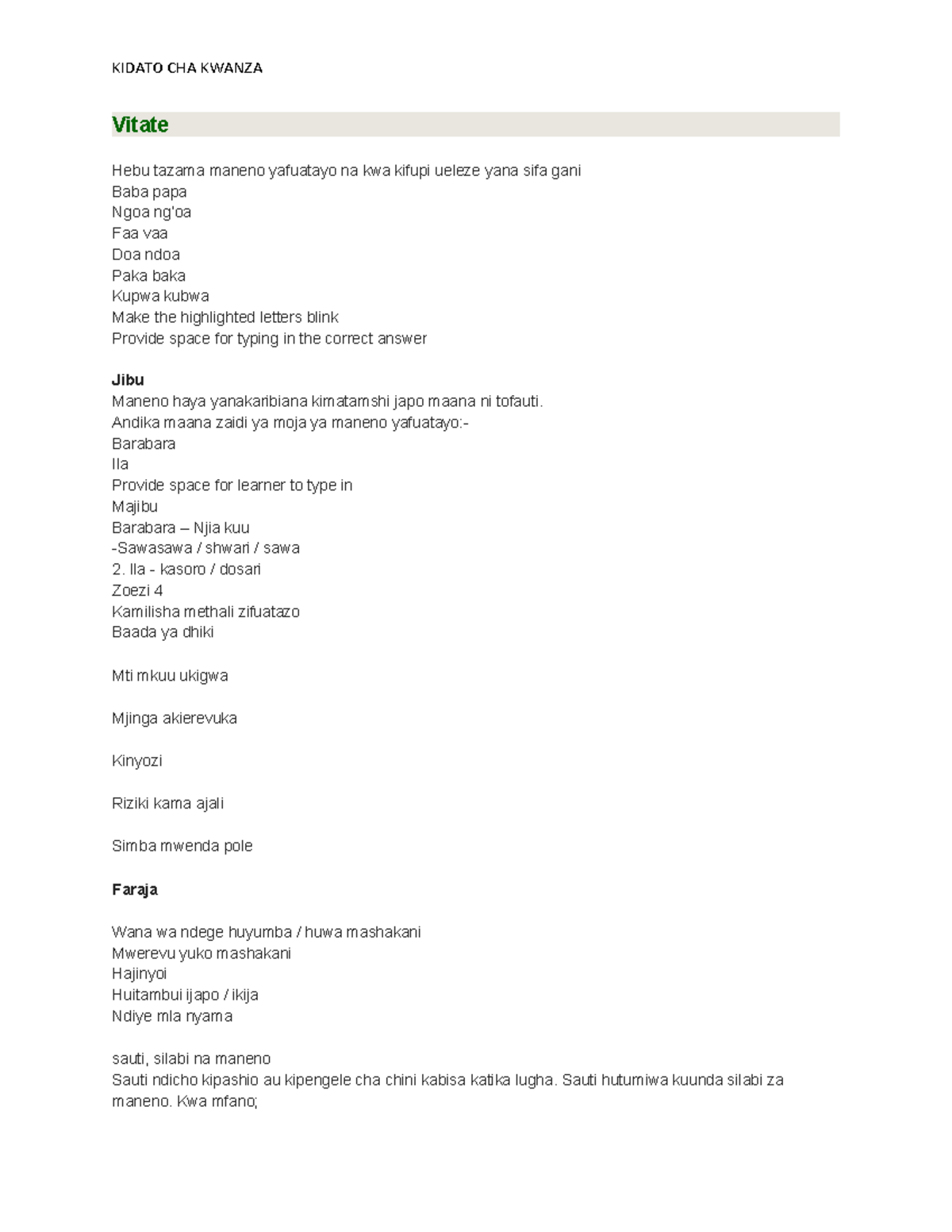 KCSE Kiswahili FORM 1 Notes - Vitate Hebu tazama maneno yafuatayo na ...