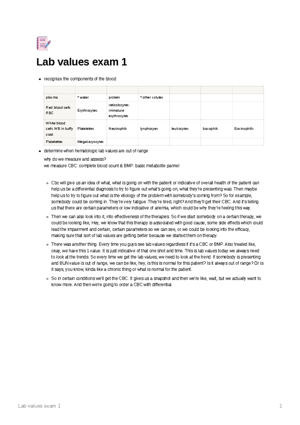 Lab values exam 1 - Therapeutics - This contains all the laboratory ...