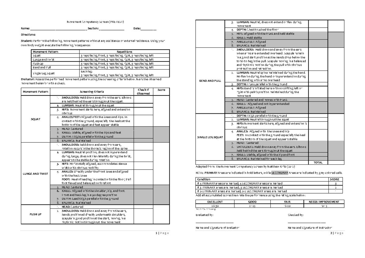 Pre Test MCS Rating Sheet - 1 | P a g e Movement Competency Screen (PRE ...