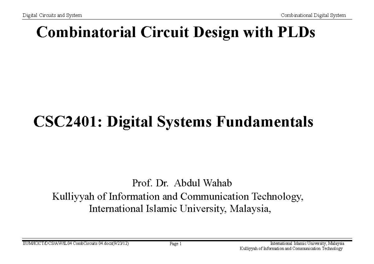 CSC 2302 L04 Comb Circuits 04 - IIUM/KICT/DCS/AW/lL04 CombCircuits 04(9 ...