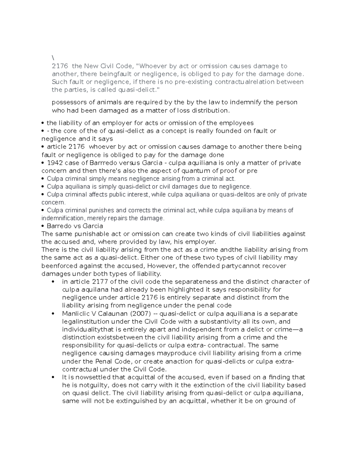 Torts quiz reviewer - reviwer notes - \ 2176 the New Civil Code ...