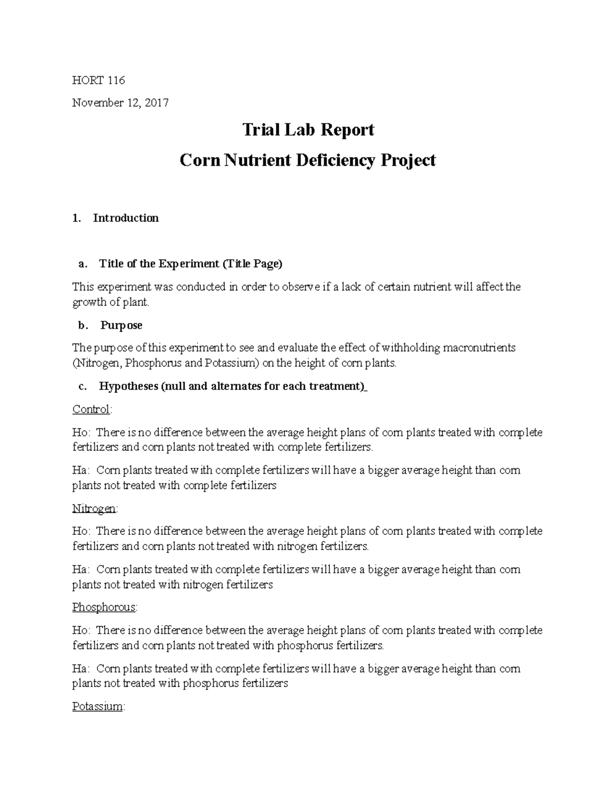 Corn Report - HORT 116 November 12, 2017 Trial Lab Report Corn Nutrient ...