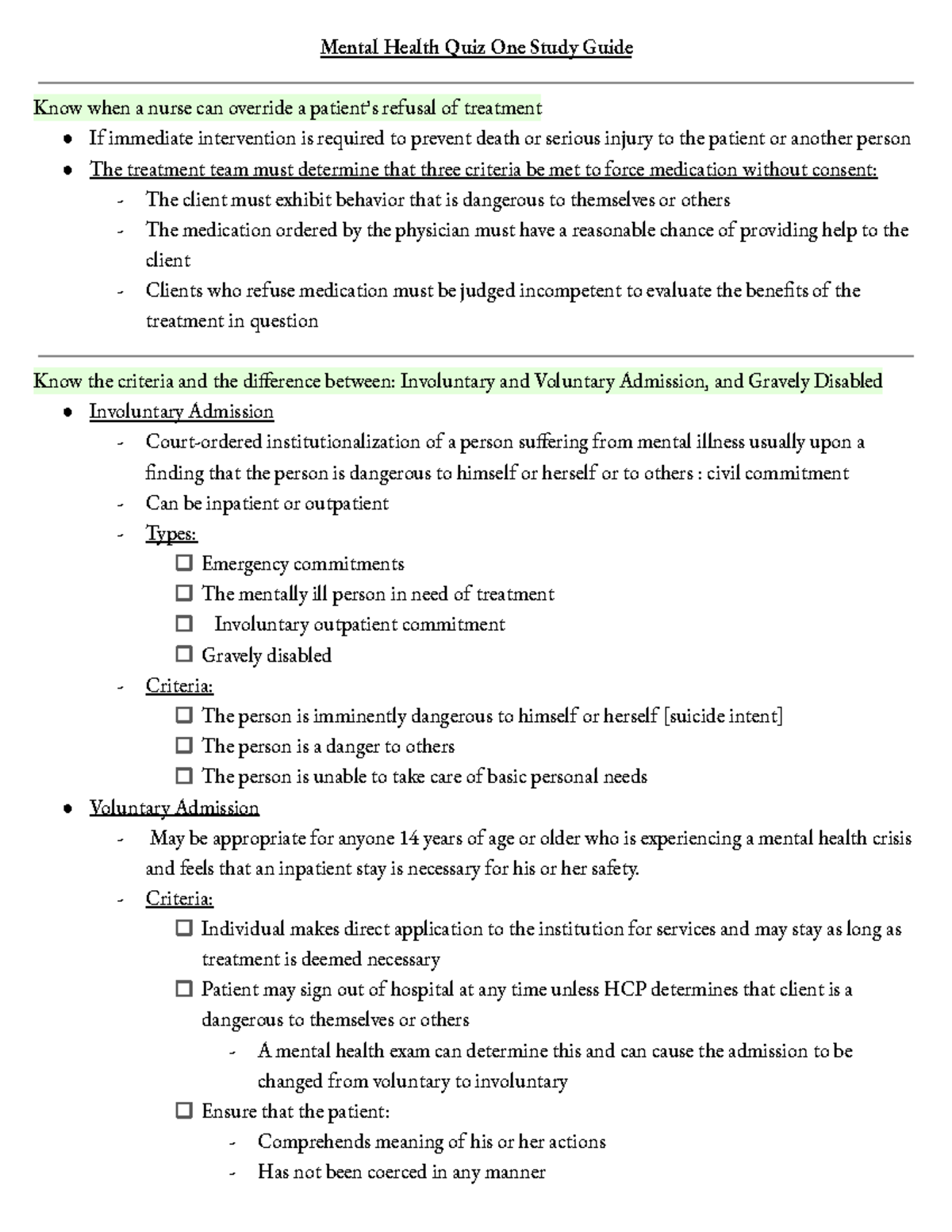 Mental Health Quiz 1 Study Guide - NUR-355 - Cal Baptist - Studocu