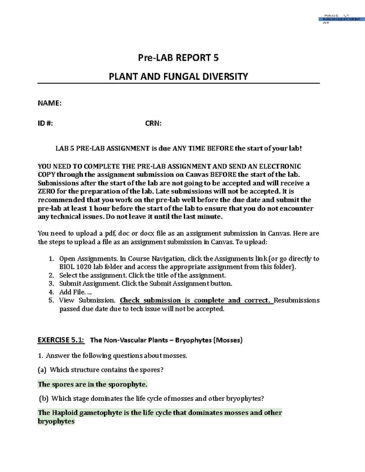 Lab 5-Pre-Lab Assignment 2023 - Pre-LAB REPORT 5 PLANT AND FUNGAL ...