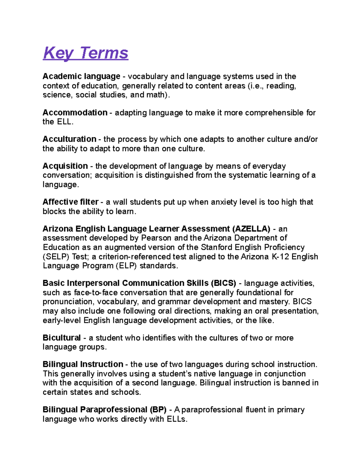 Key terms - SEI assignment - Key Terms Academic language - vocabulary ...