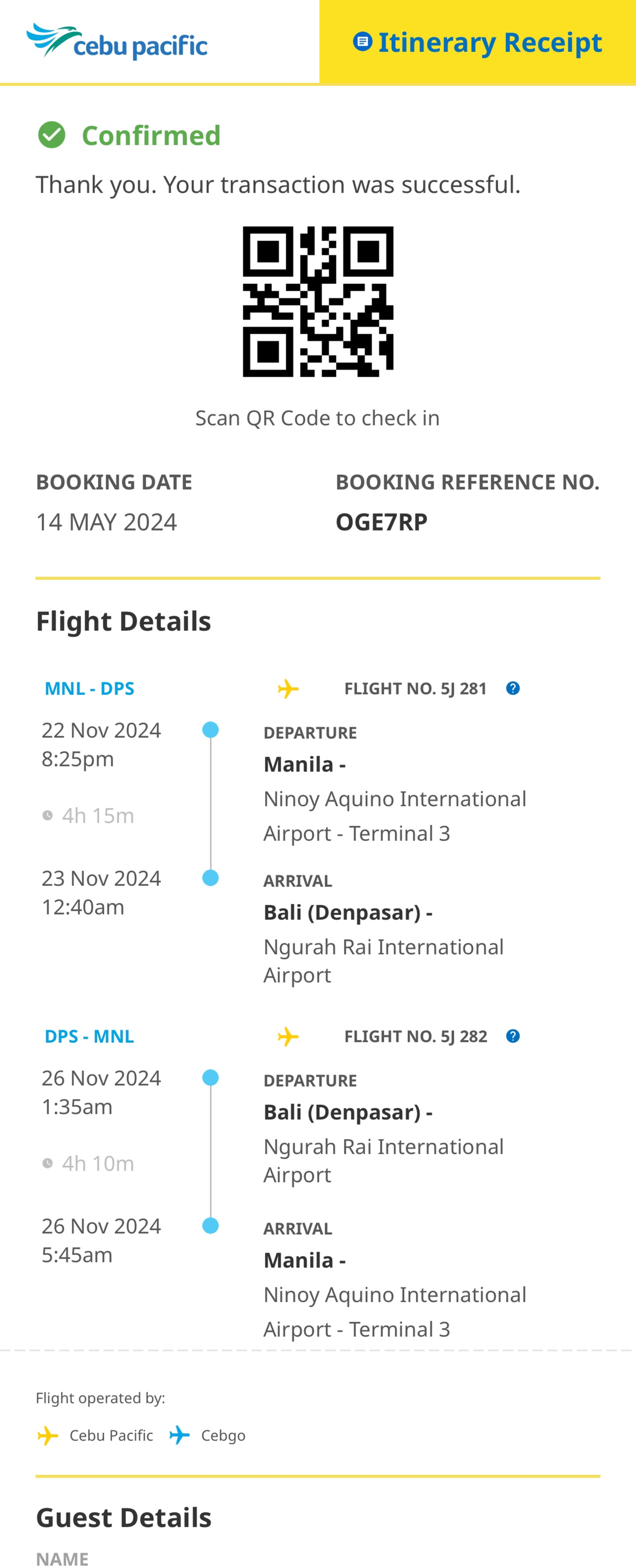 Return Ticket - Practice materials - cebu pacific E Itinerary Receipt ...
