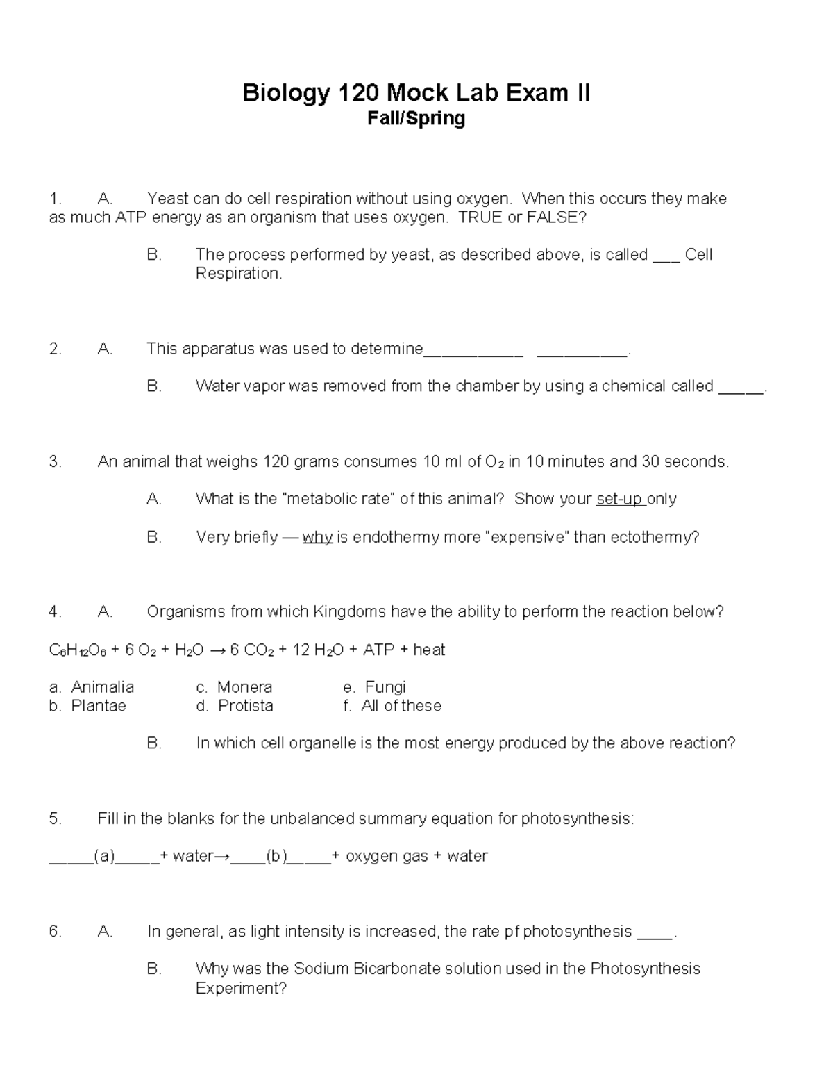 Mock Lab Exam II Reserve Desk - Biology 120 Mock Lab Exam II Fall ...