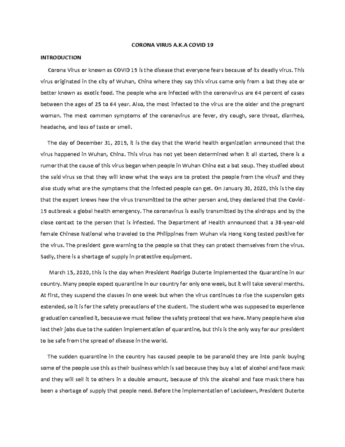 Corona Virus A - ESSAY - CORONA VIRUS A.K COVID 19 INTRODUCTION Corona ...