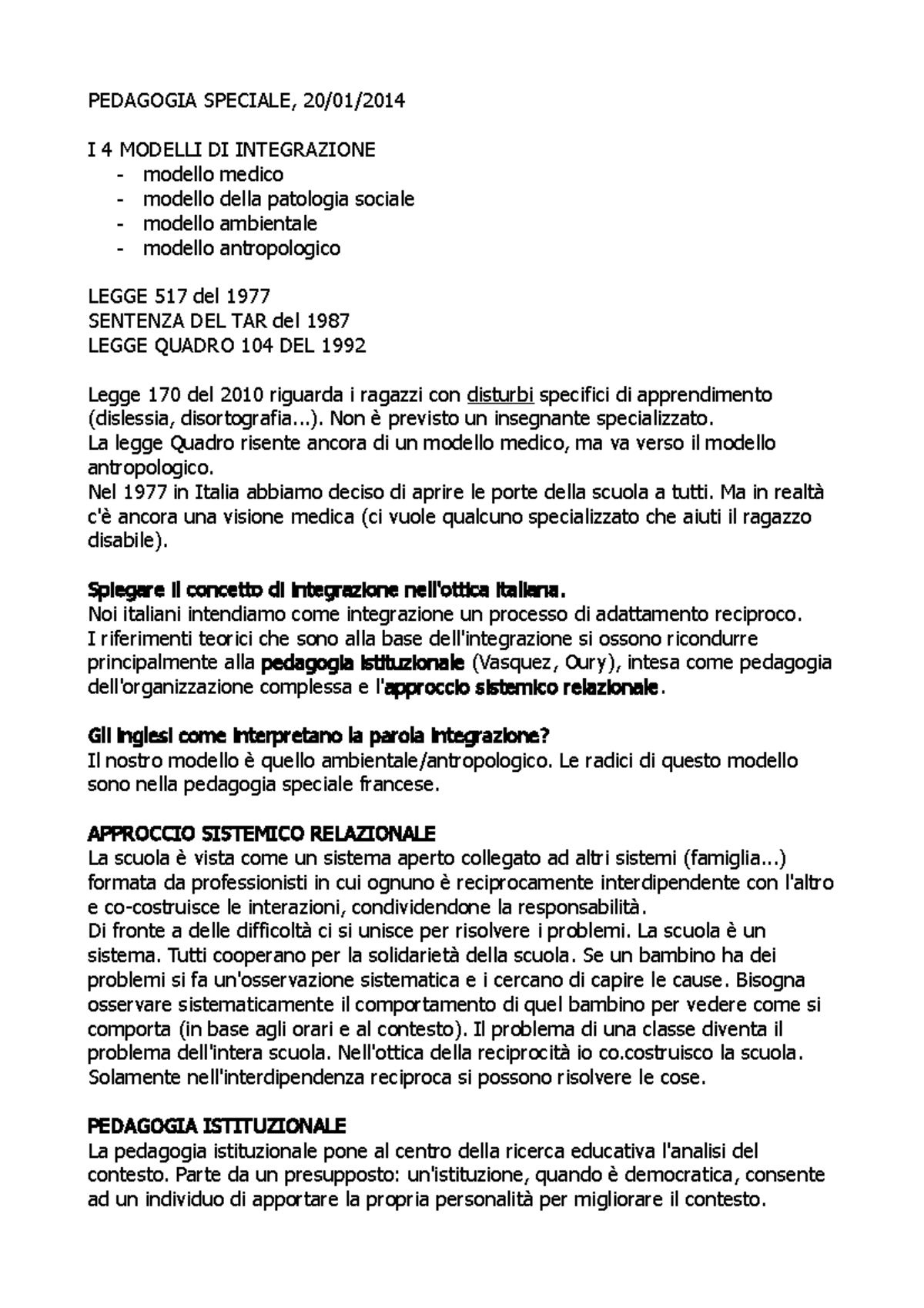 Appunti - Pedagogia speciale per l'inclusione - I modelli di ...