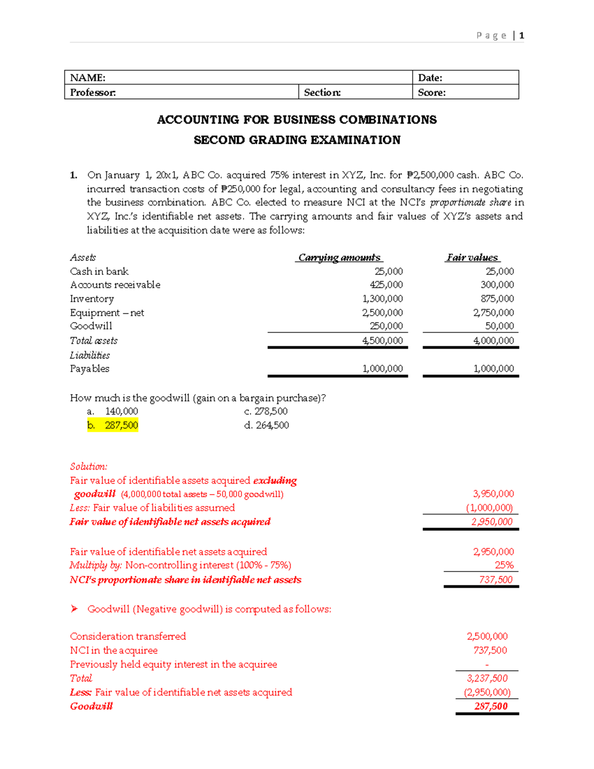 Accounting FOR Business Combinations - Problem set - NAME: Date ...
