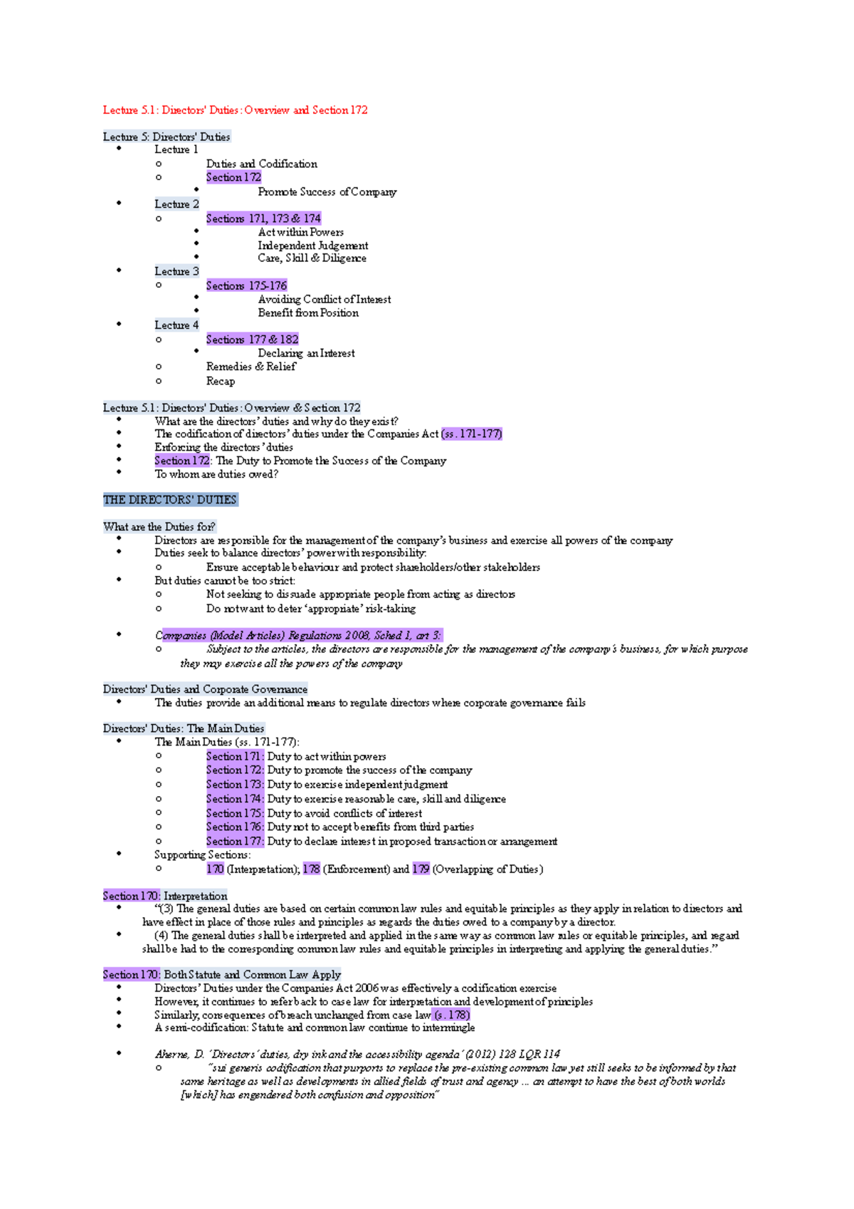 Lecture 5 - Lecture 5: Directors' Duties: Overview and Section 172 Lecture 5: Directors' Duties ...