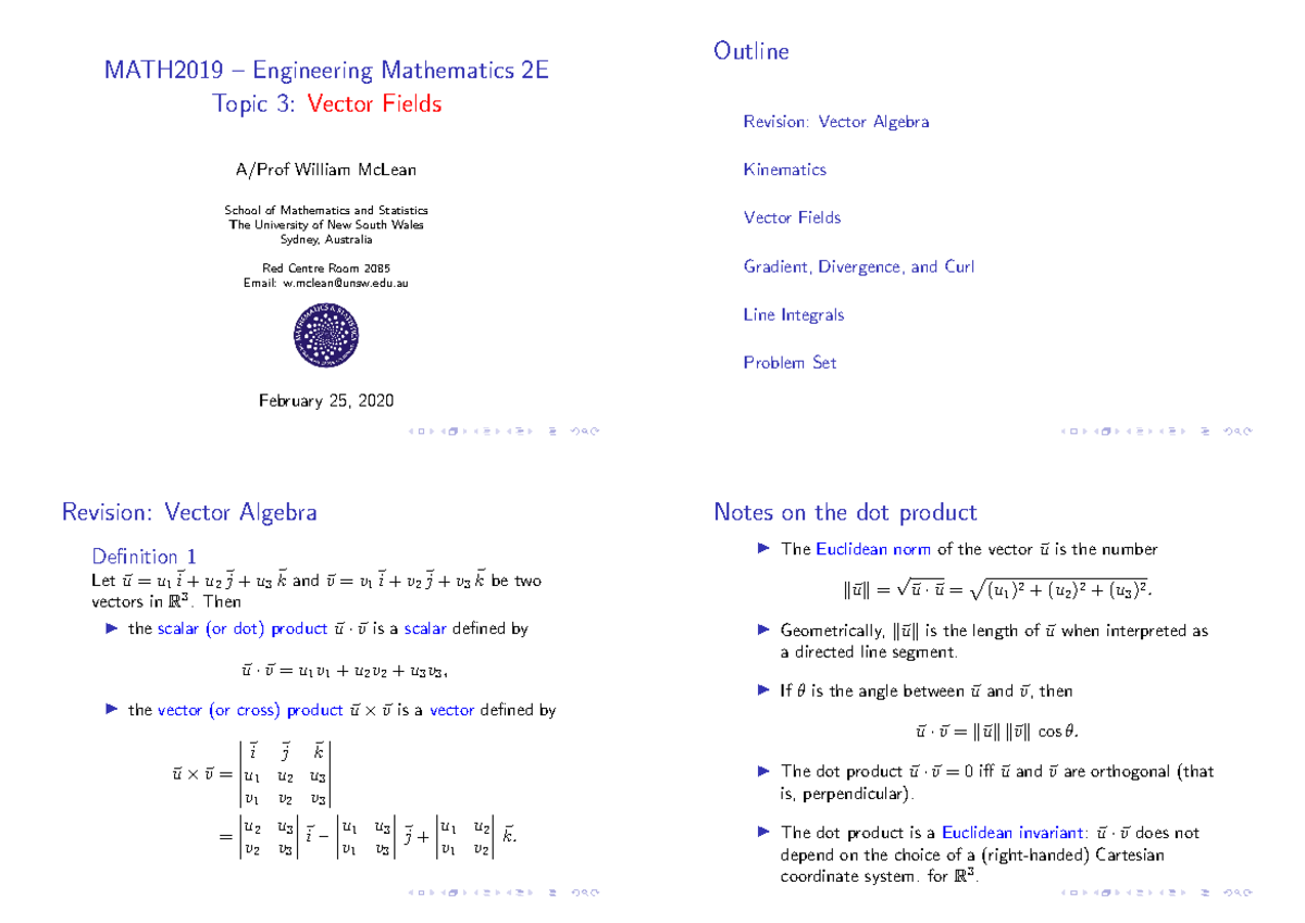 MATH2019: Topic 3 Vector Fields - Notes
