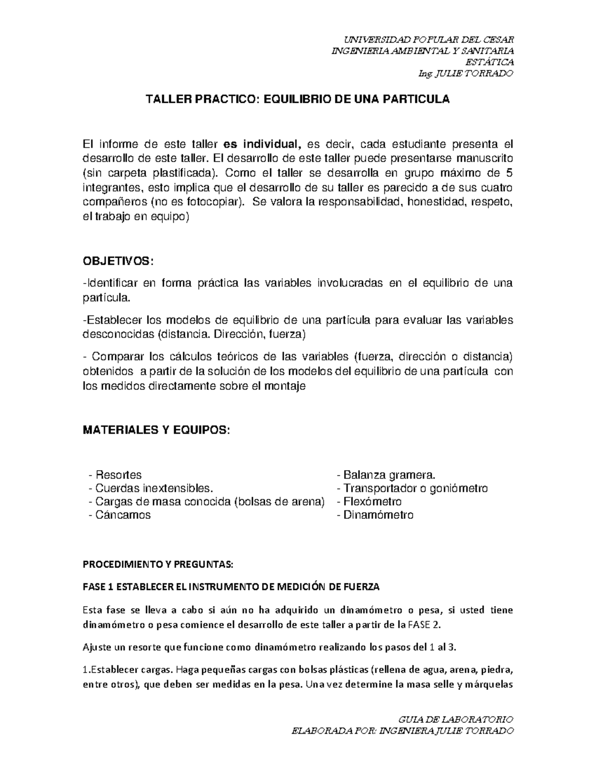 Taller Practico Equilibrio Particula - 2 - INGENIERIA AMBIENTAL Y ...