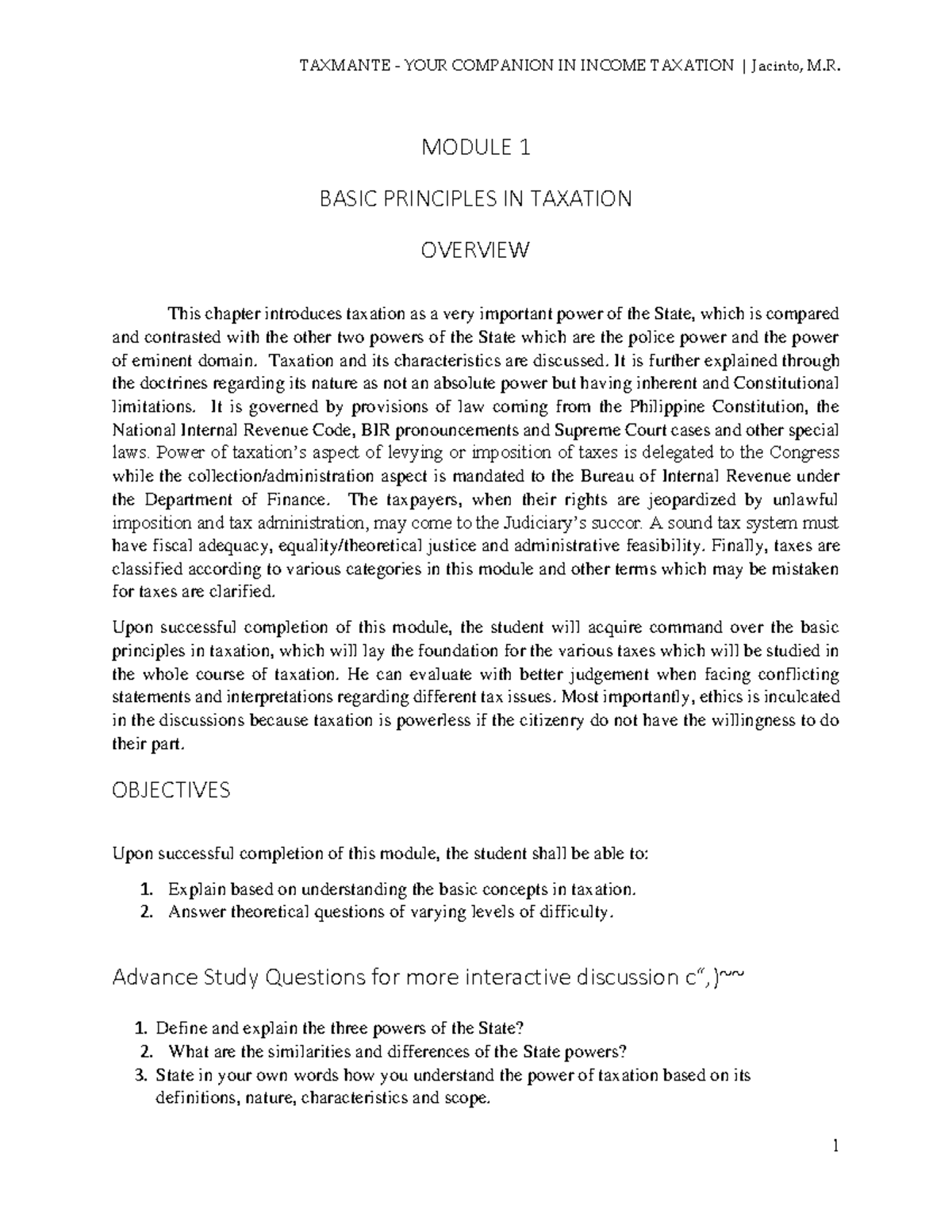 Module 1 Basic Principles - MODULE 1 BASIC PRINCIPLES IN TAXATION OVERVIEW This chapter ...