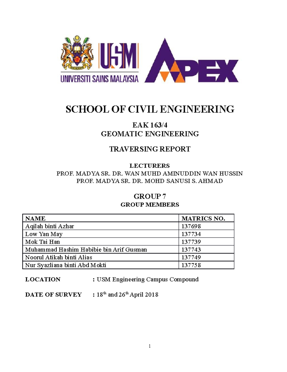 Traversing- Tacheometry Report Group 7 - SCHOOL OF CIVIL ENGINEERING ...