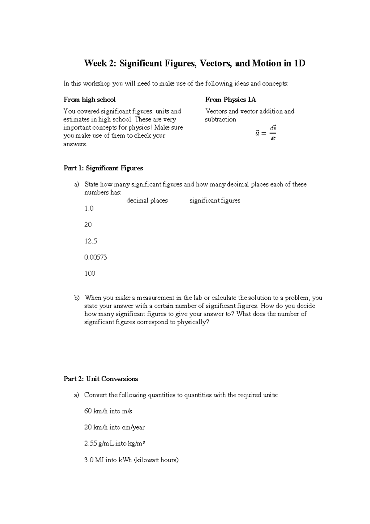 Sig Figs, Vectors and Motion - Week 2: Significant Figures, Vectors ...
