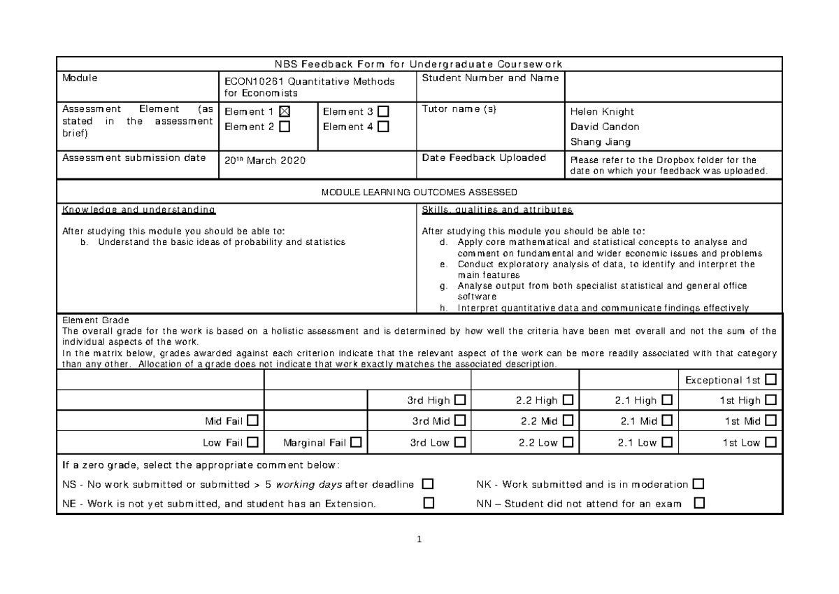 ECON10261 Marking Matrix 2019-20 - Warning: TT: undefined function: 32 ...