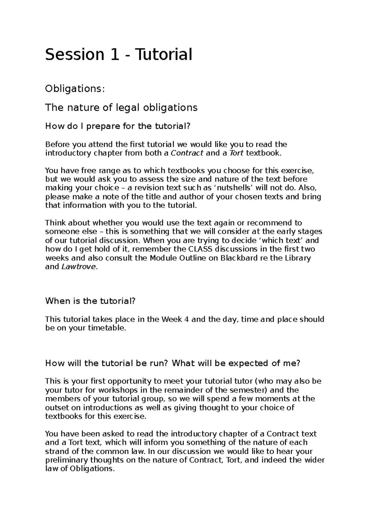 LAW136 - Session 1 - Tutorial - Obligations 2022-3 headed - Session 1 ...