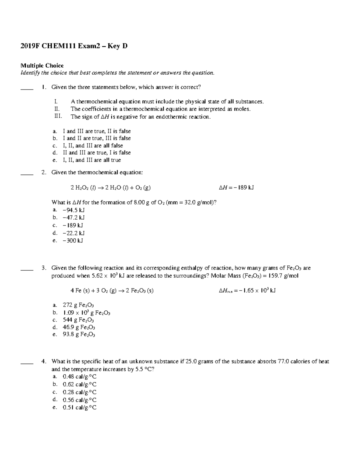 Exam 2D - Exam 2D - 2019F CHEM111 Exam2 – Key D Multiple Choice ...