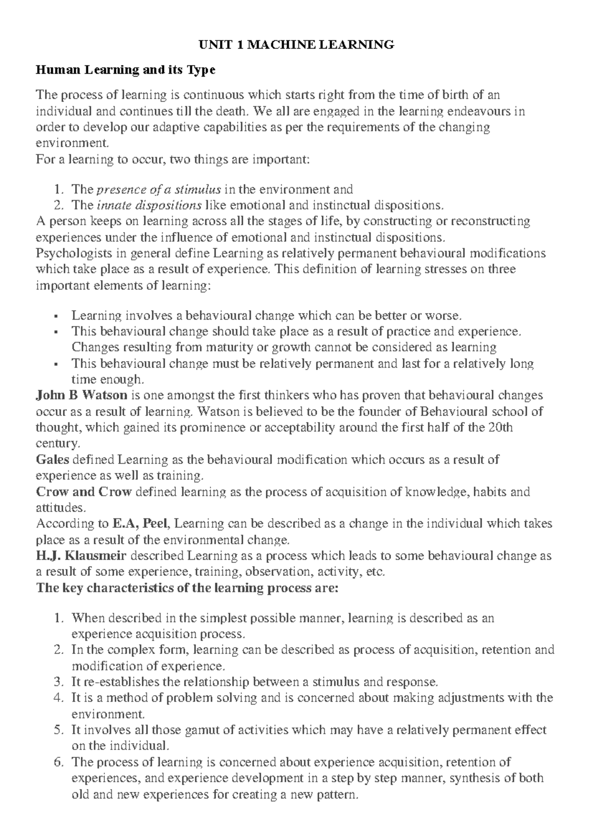 ML 1 to 4 - UNIT 1 MACHINE LEARNING Human Learning and its Type The ...