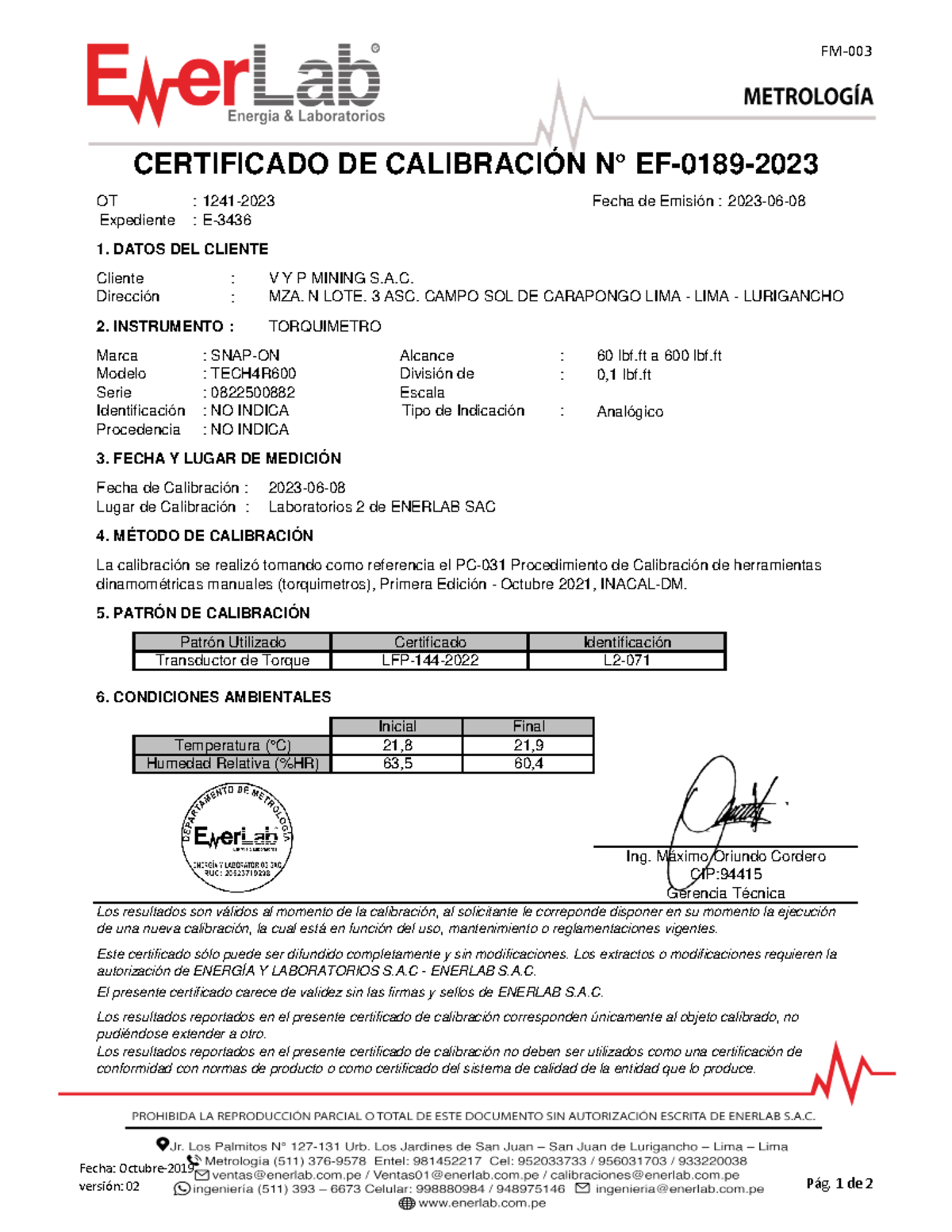 33. Torquímetro N° EF-0189-2023 - FM- OT : 1241-2023 Fecha de Emisión ...
