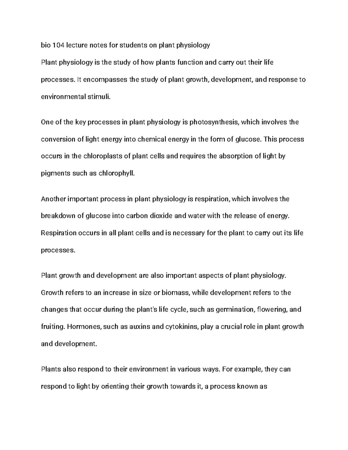 Bio 104 lecture notes for students on plant physiology - It encompasses ...