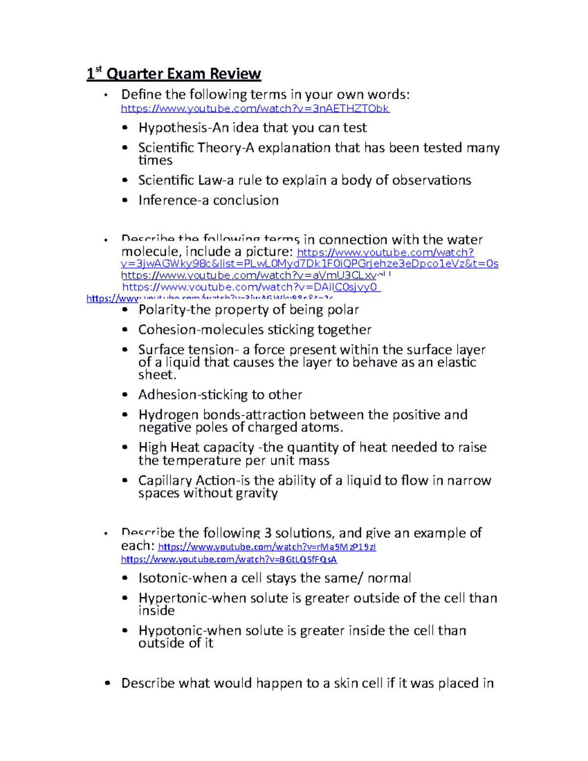 1st Quarter Exam Review (1) - 1 st Quarter Exam Review • Define the ...
