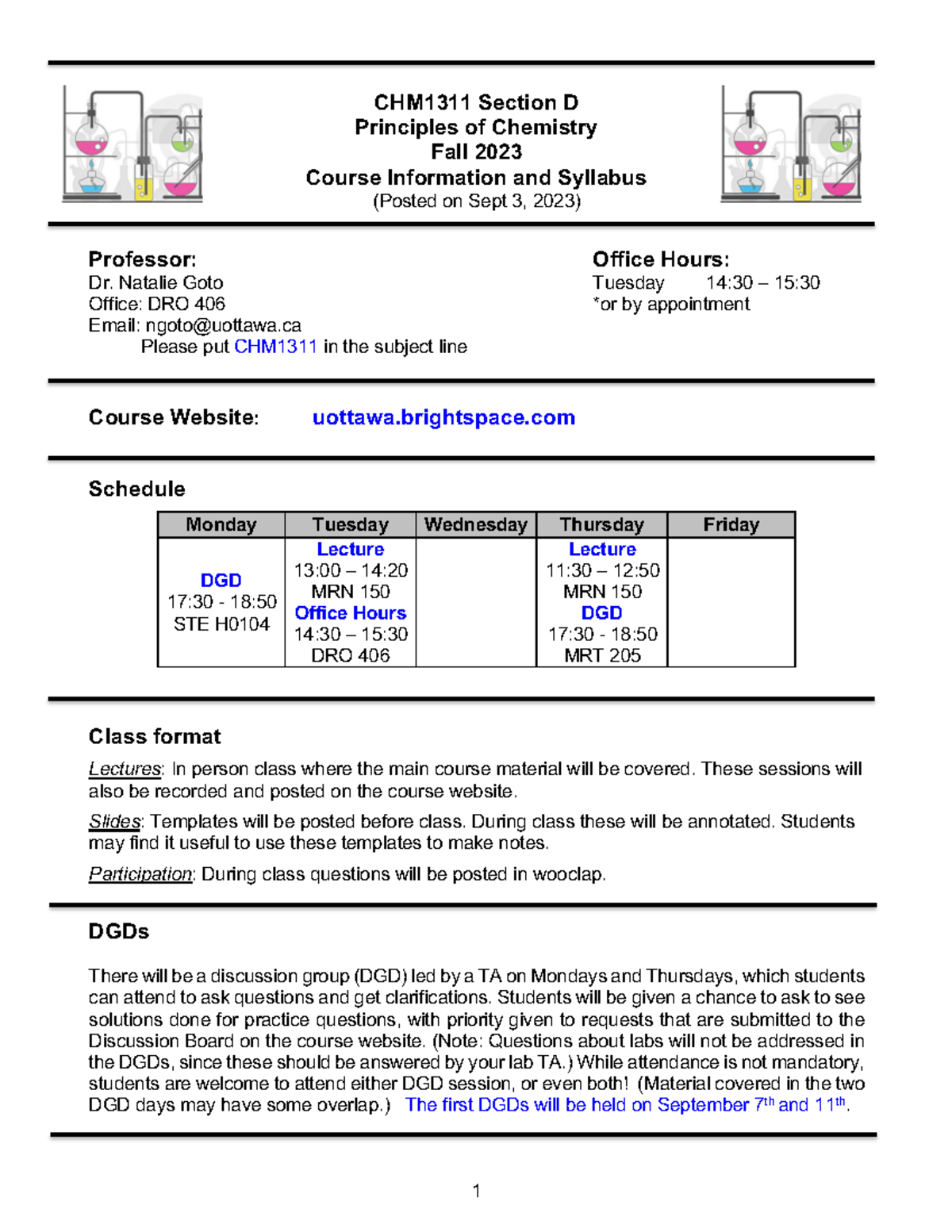CHM1311D syllabus 2023 Sept - CHM1311 Section D Principles of Chemistry Fall 20 23 Course - Studocu