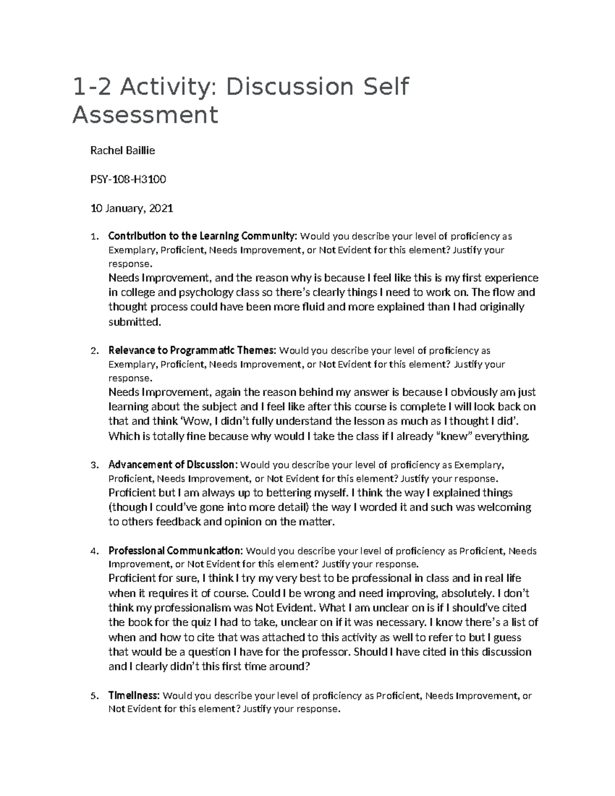 1-2 activity self assesment Rachel Baillie -psych-108-h3100 - 1-2 ...