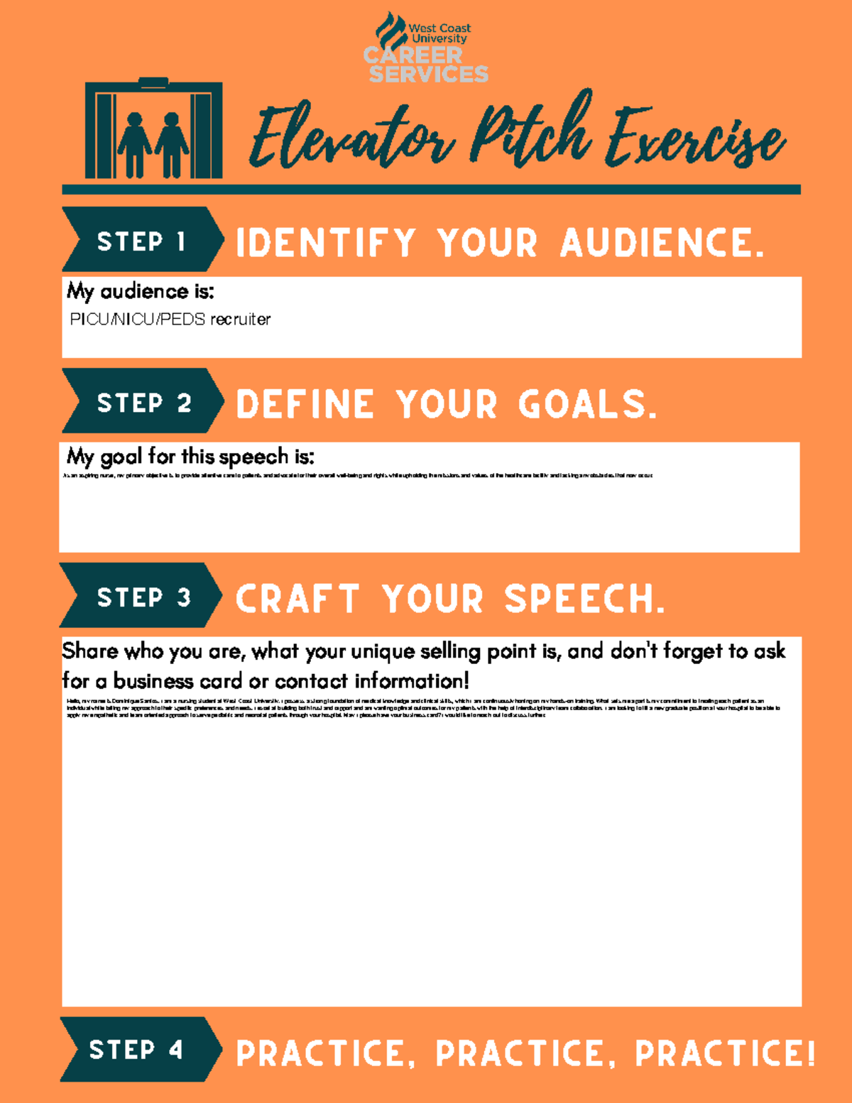 Elevator Pitch Exercise Sheet - Elevator Pitch Exercise Step 1 Step 2 ...