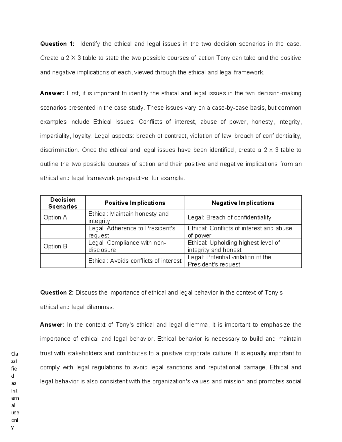 Ethics - TL EXPERIENCE - Cla ssi fie d as Int ern al use onl y Question ...