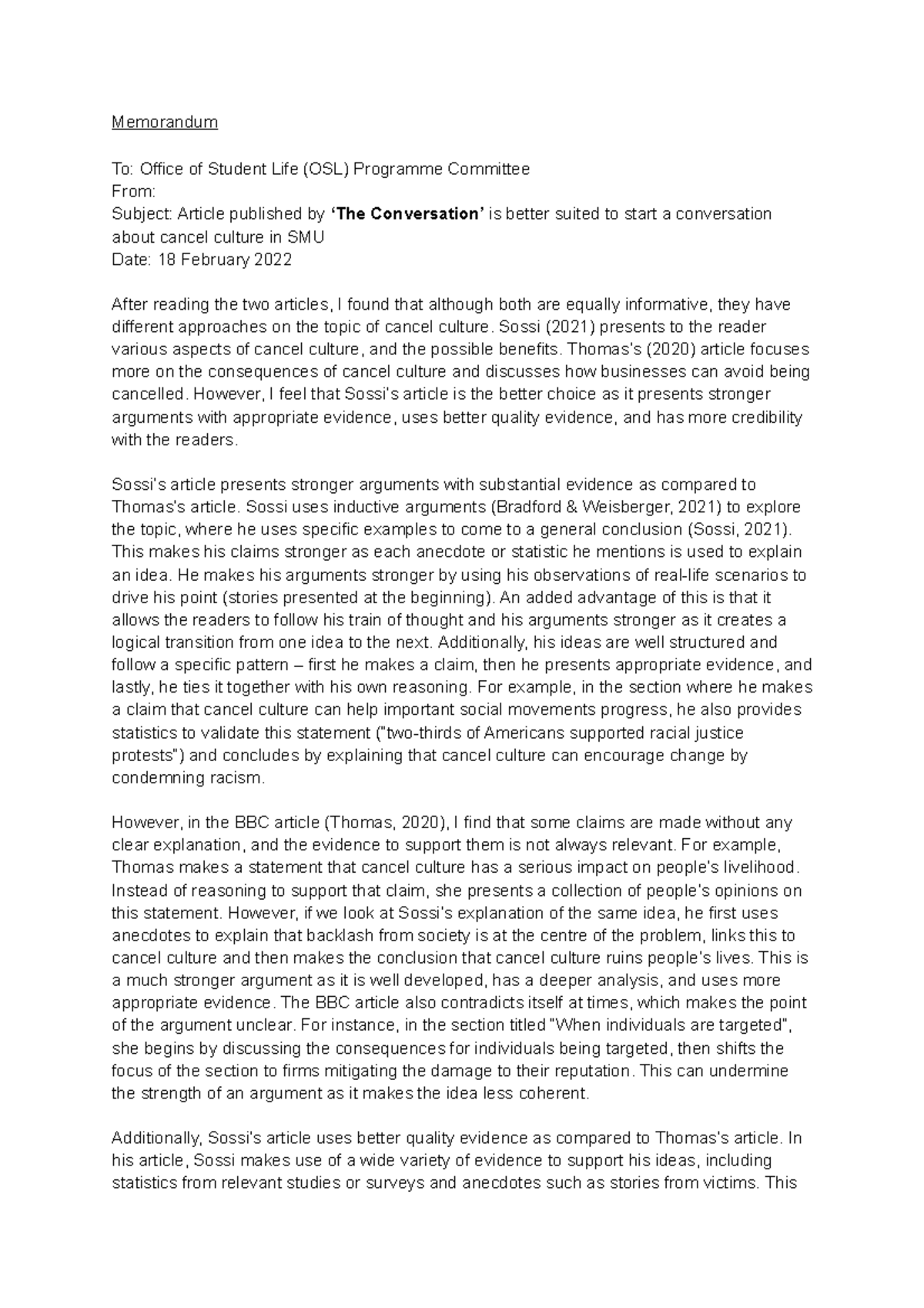 A2 Comparative study - Memorandum To: Office of Student Life (OSL) Programme Committee From ...