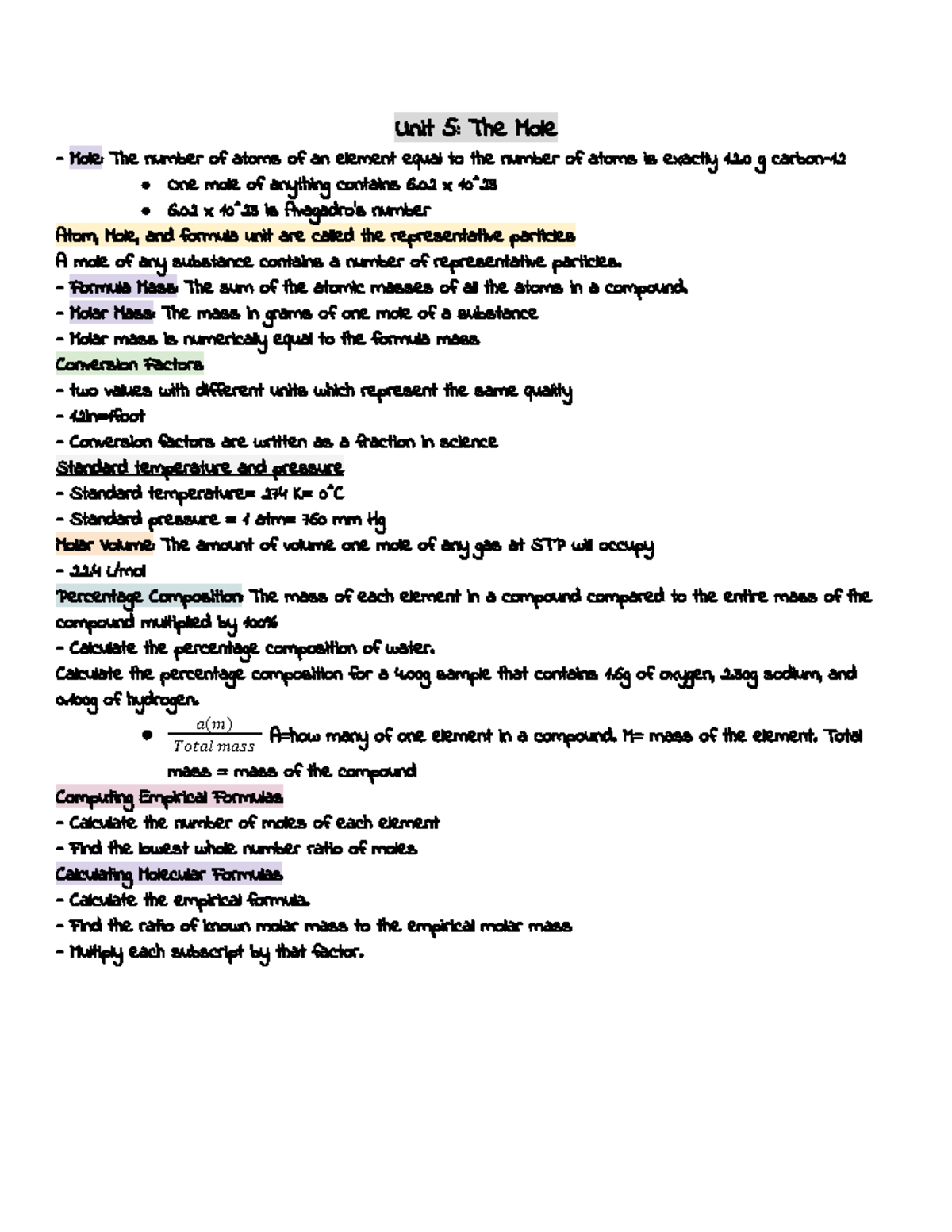 Chem-101-Unit 5 The Mole - Unit 5: The Mole Mole:The number of atoms of ...