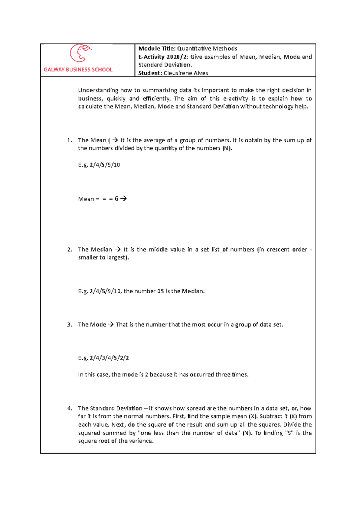 E-Activitiy 2 QM answer - Module Title: Quantitative Methods E-Activity ...