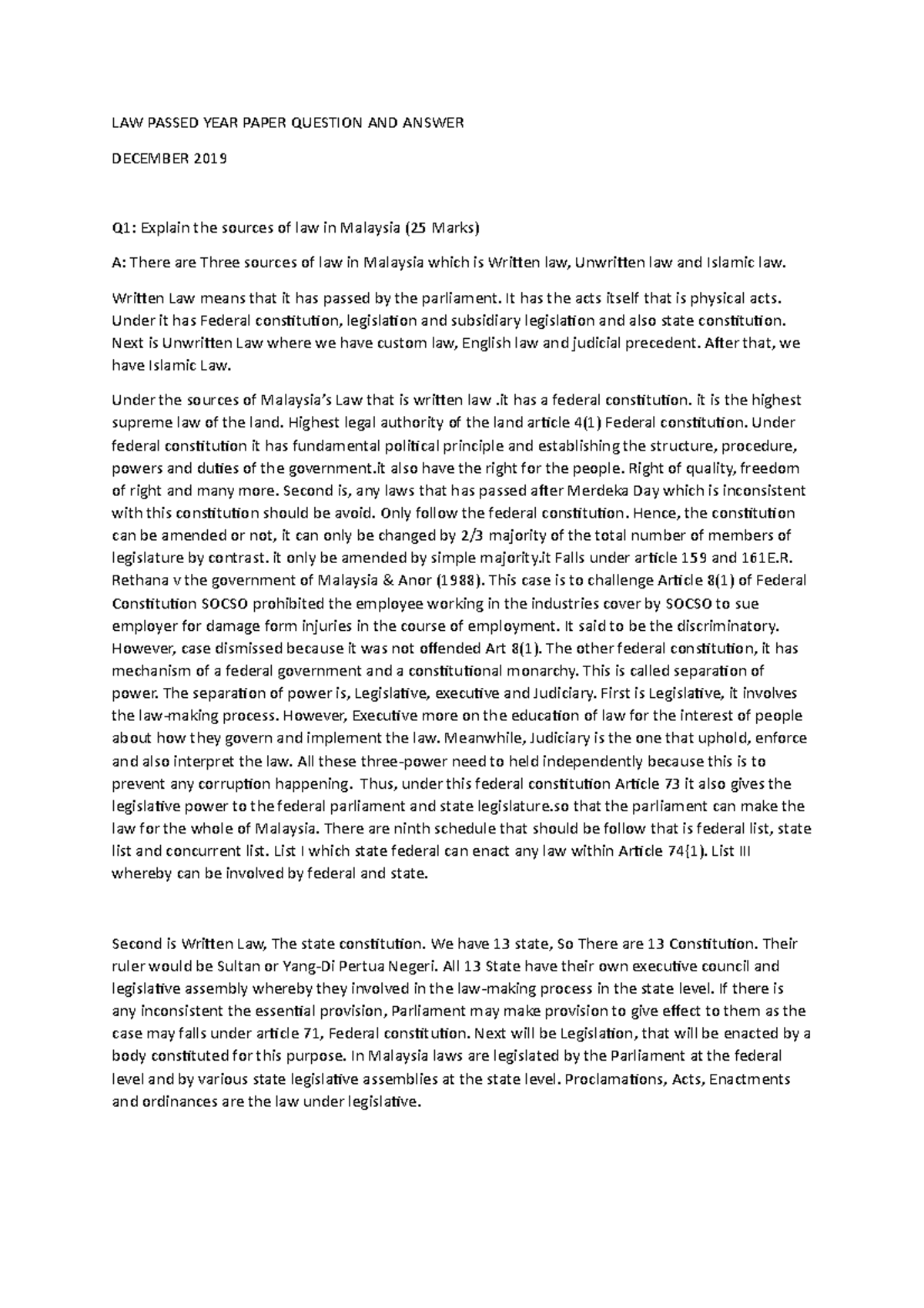 LAW Passed YEAR Paper Question AND Answer DEC2019 - LAW PASSED YEAR ...