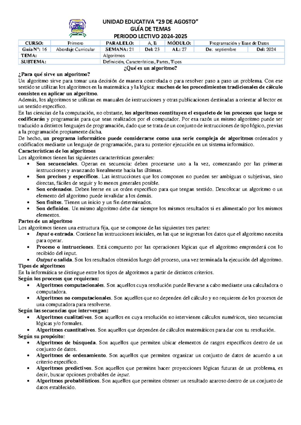 1B GUIA DE Actividades S21 - UNIDAD EDUCATIVA “29 DE AGOSTO” GUÍA DE ...
