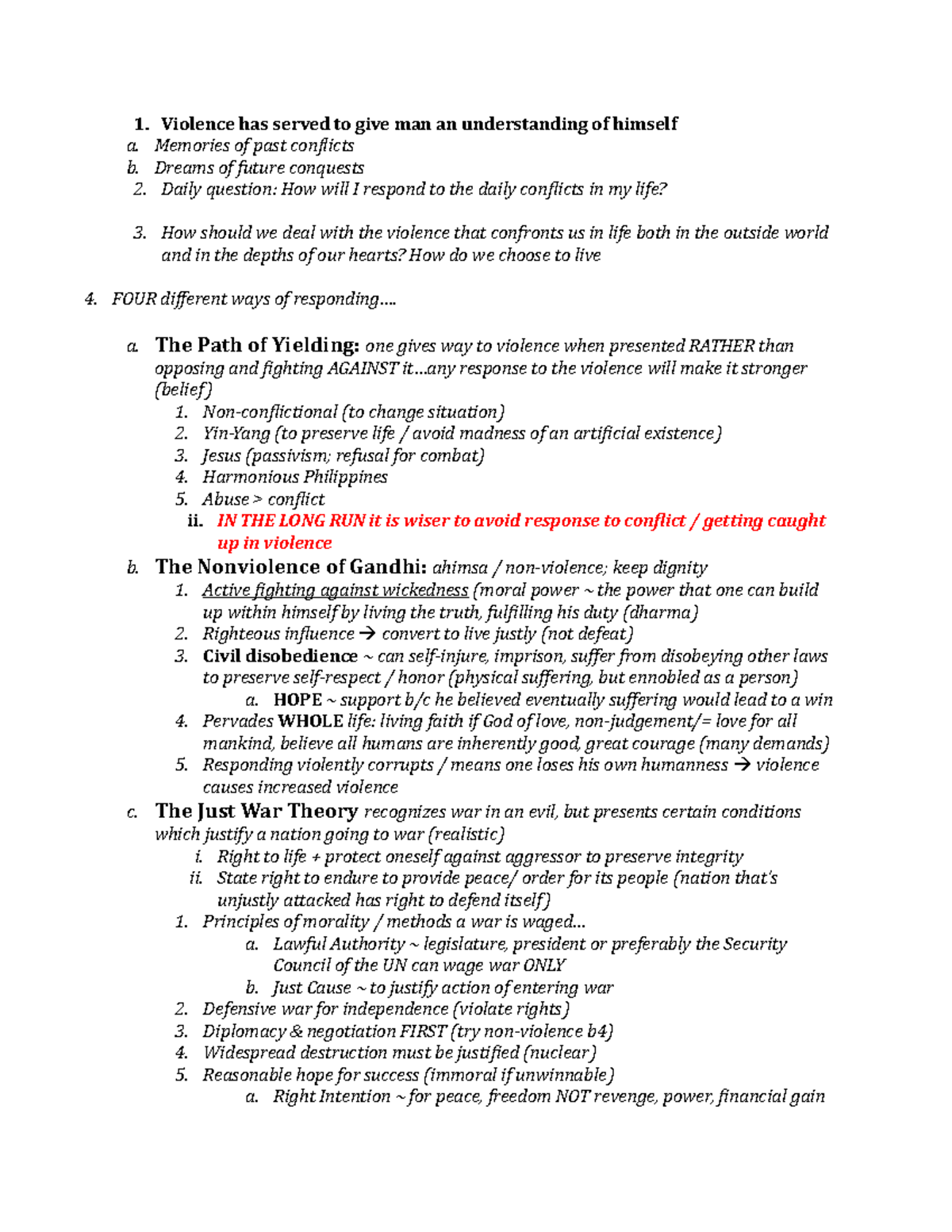 Ethics test 3 - Summary of materials for Test 3 - 1. a. b. 2. Violence ...