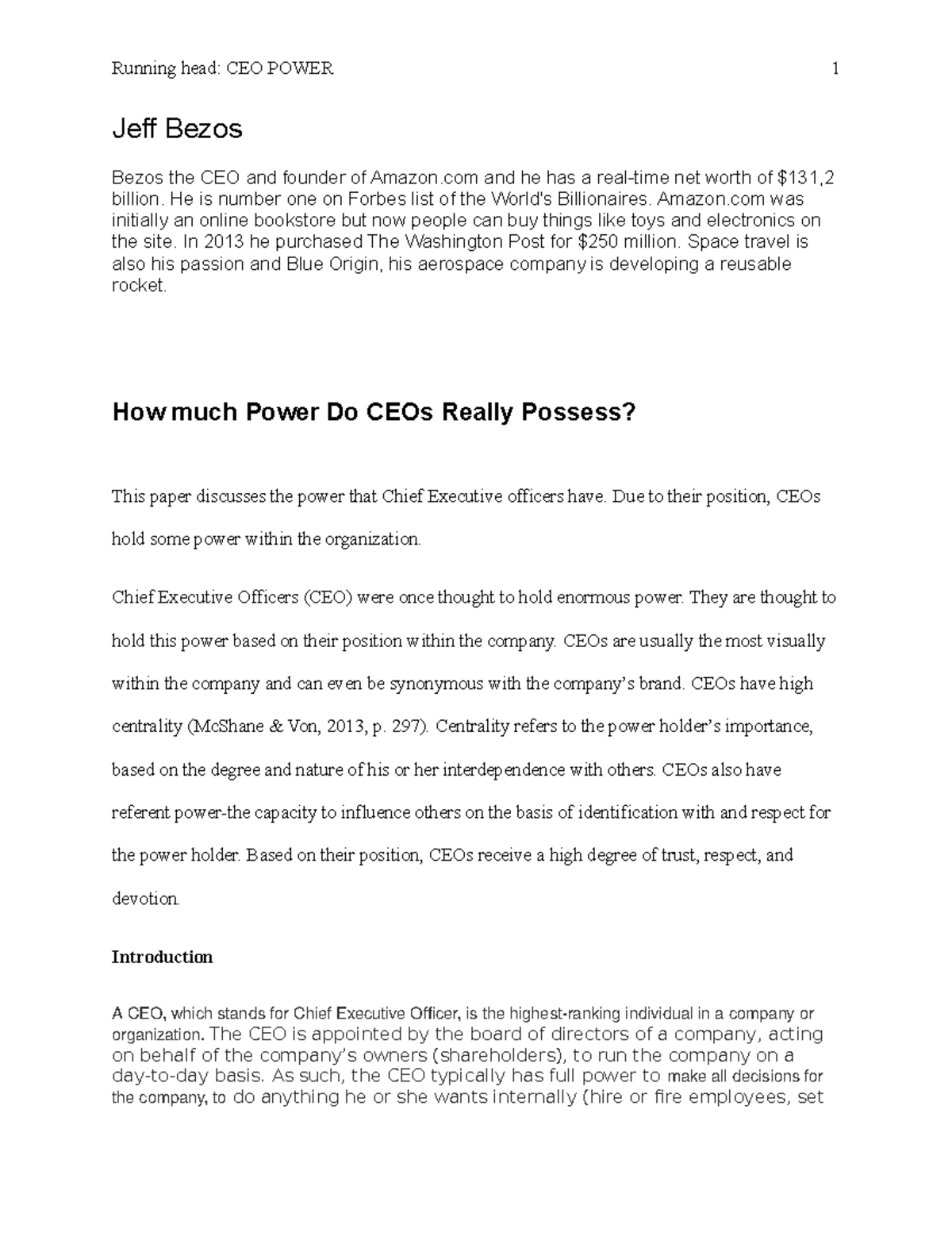 How much power do CEO’s really possess - Running head: CEO POWER 1 Jeff ...