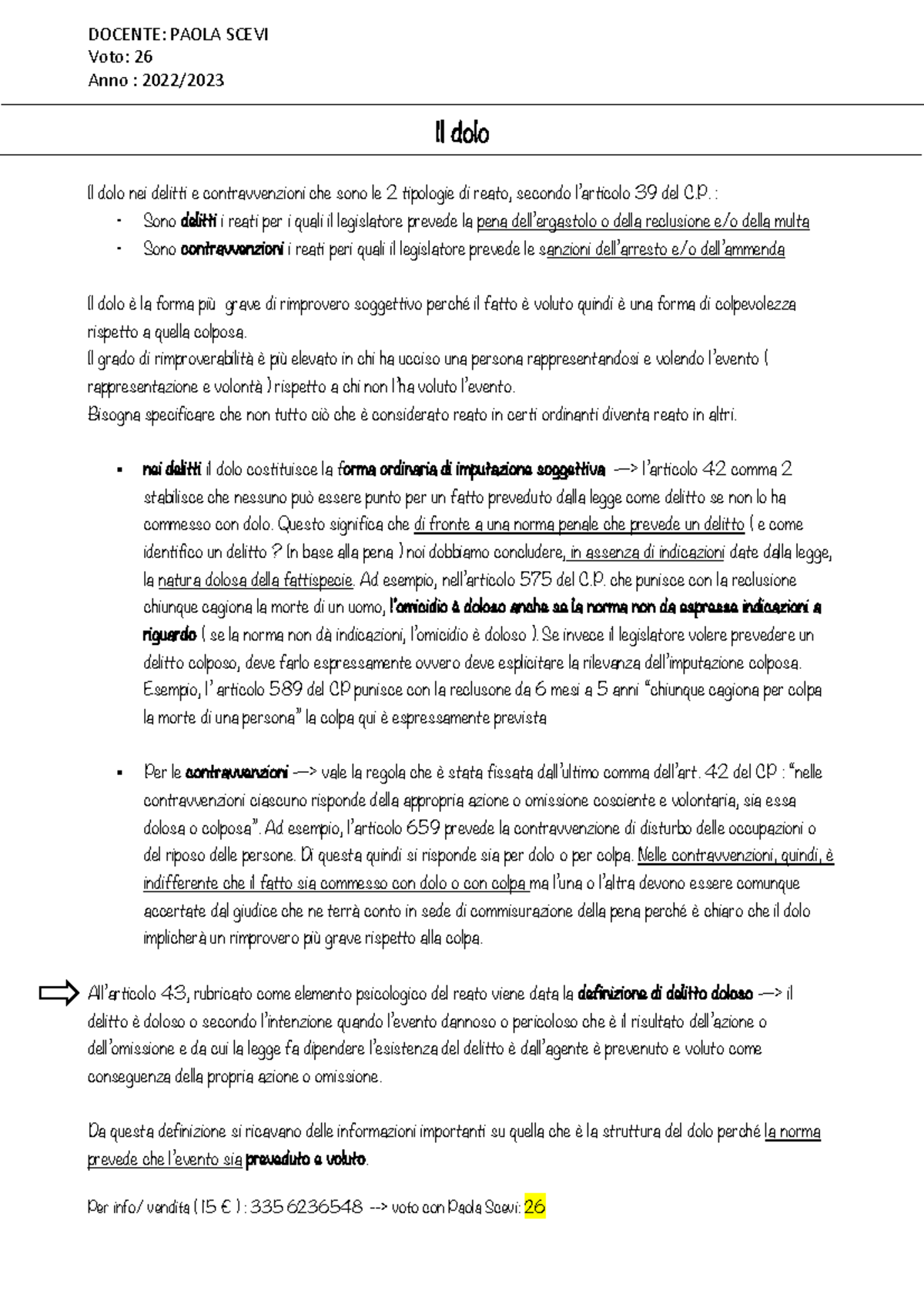 IL DOLO Paola Scevi - Voto: 26 Anno : 2022/ Il dolo Il dolo nei delitti ...