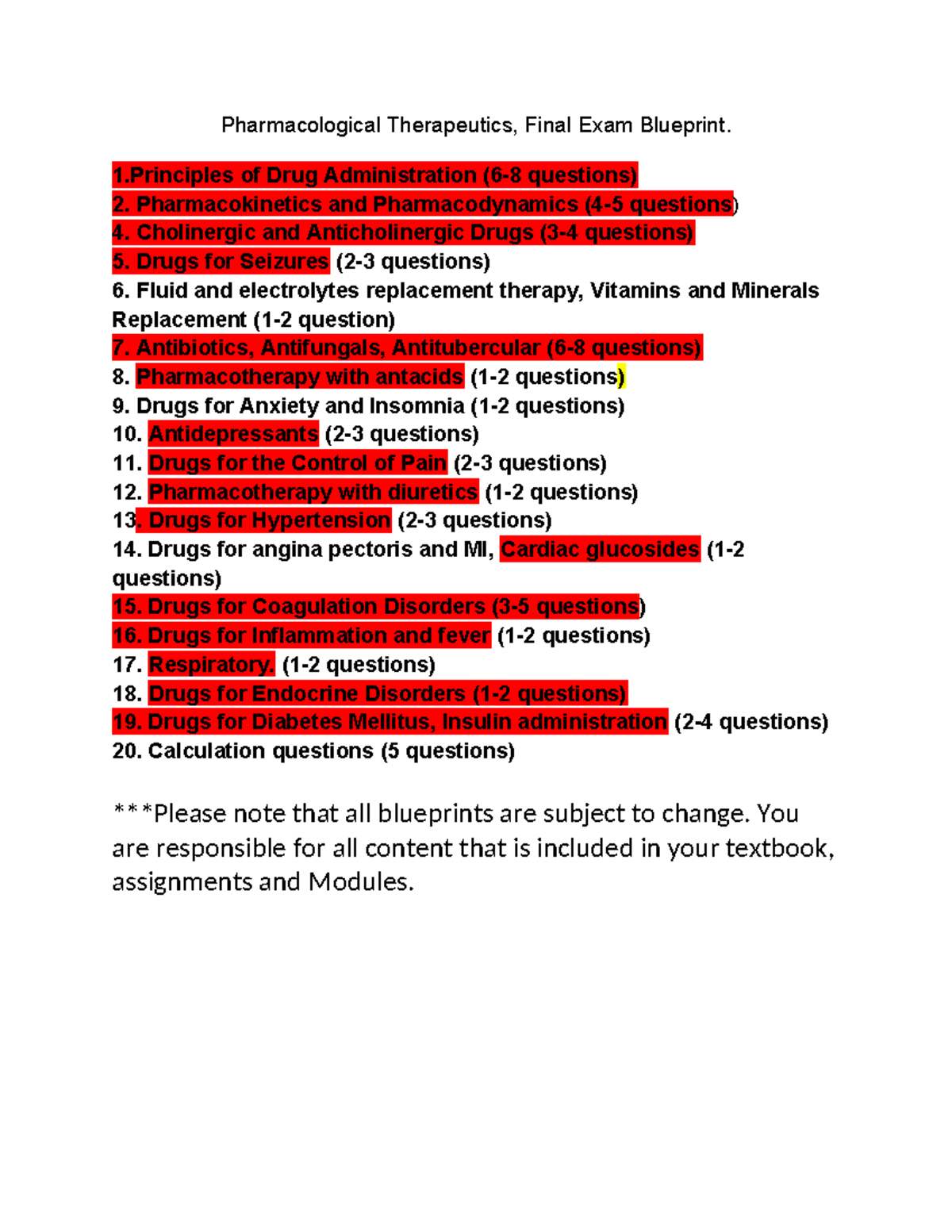 Pharmacology Final Exam Important Information - Pharmacological ...