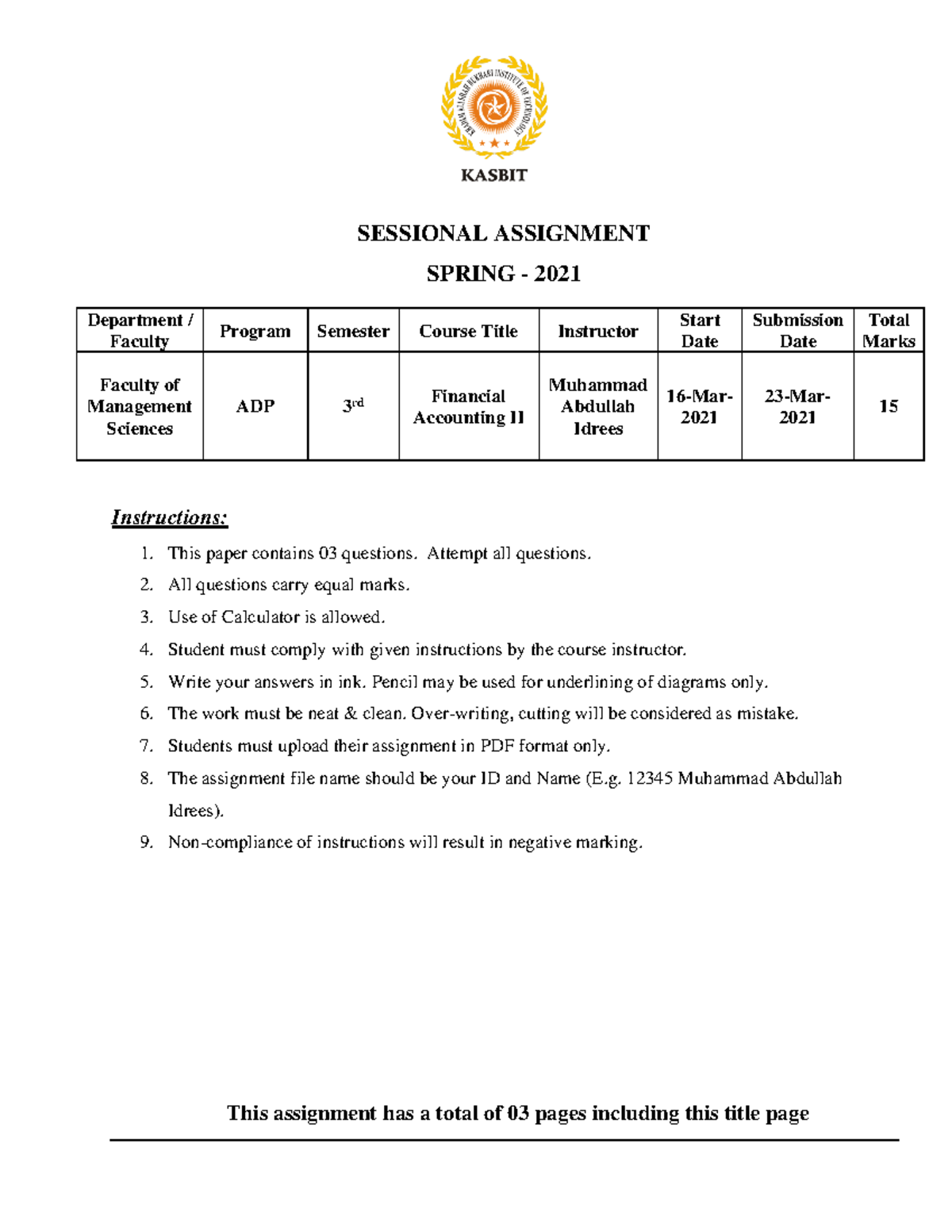 ADP 3 - Financial Accounting 2 (Sessional Assignment 1)-converted - SESSIONAL ASSIGNMENT SPRING ...