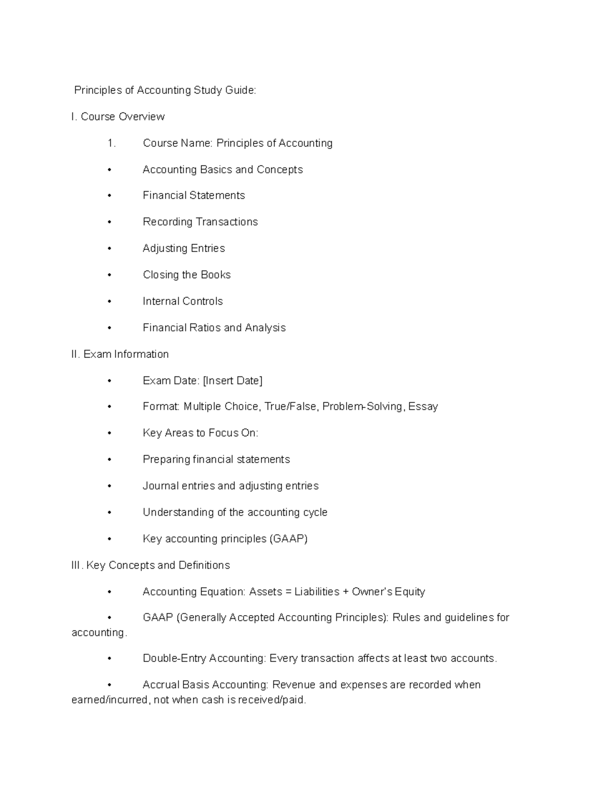 Principles of Accounting Study Guide - Course Overview Course Name ...