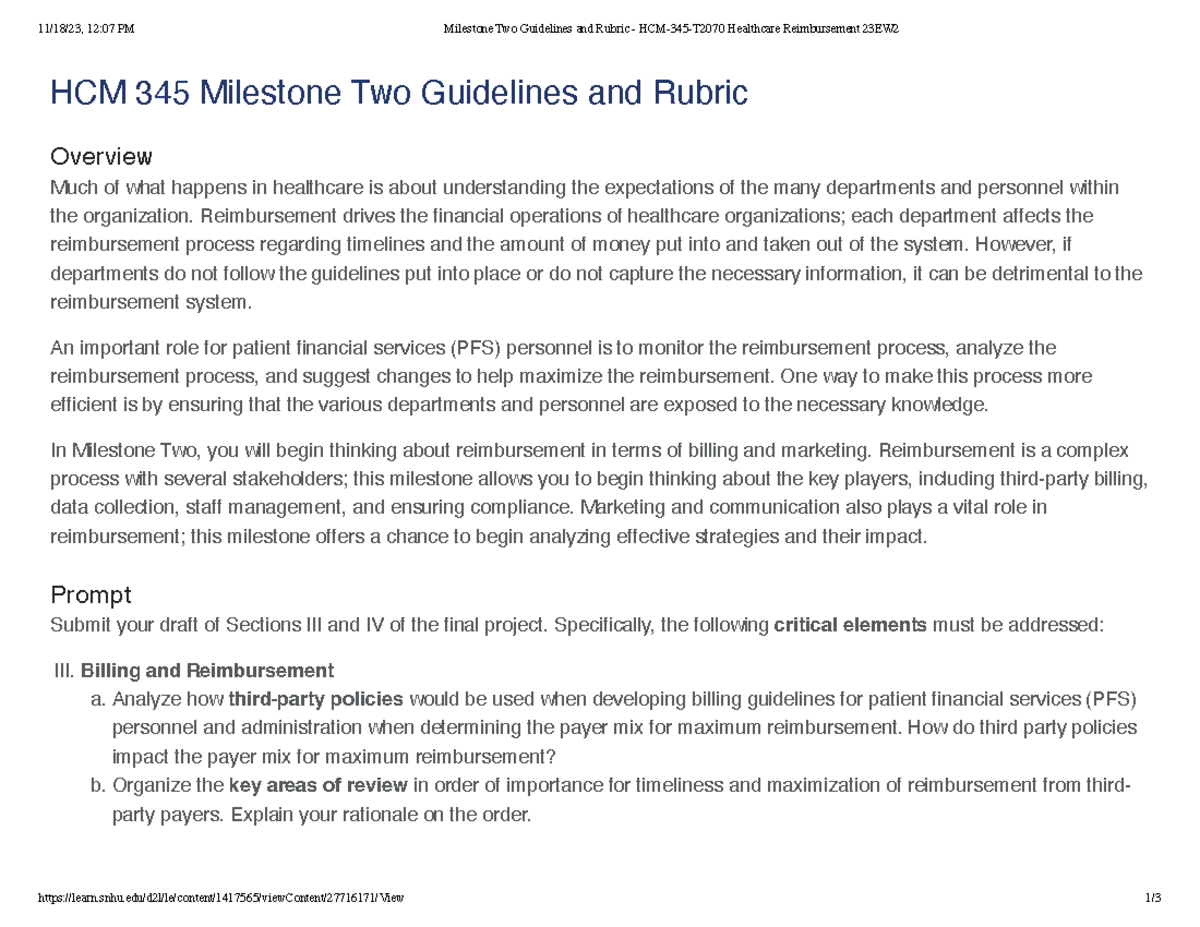 Milestone Two Guidelines and Rubric - HCM-345-T2070 Healthcare ...
