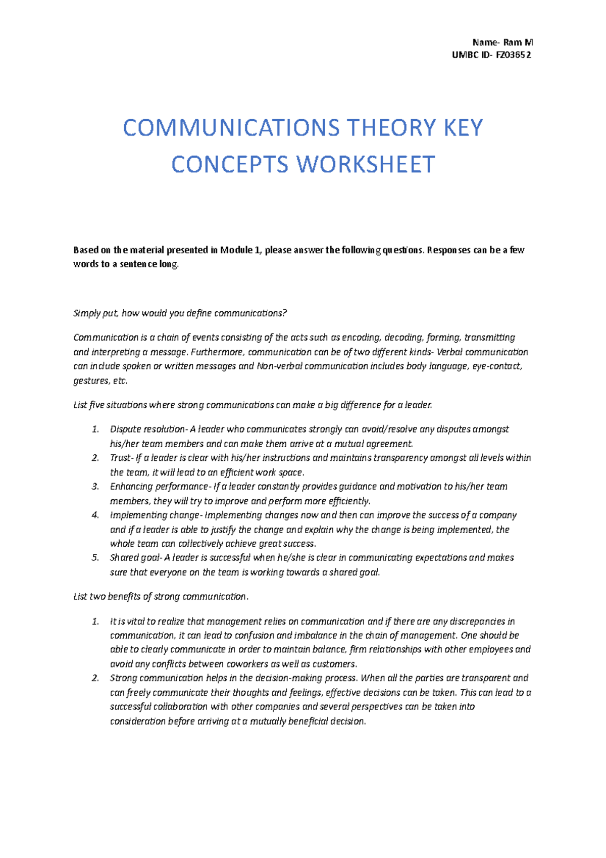 Communications Theory Key Concepts Worksheet (FZ03652) - Name- Ram M UMBC ID- FZ COMMUNICATIONS ...