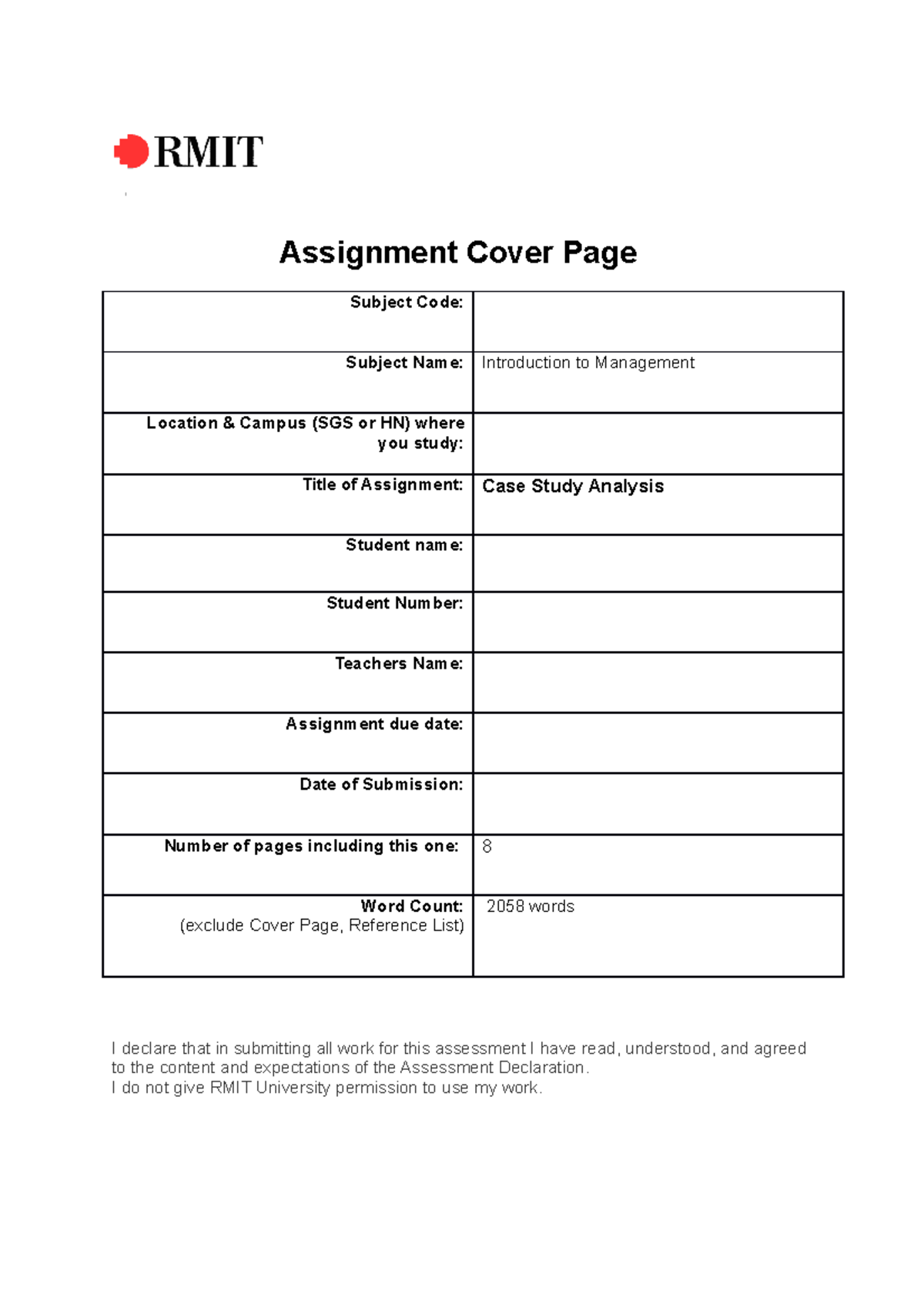 ITM - Assignment 2 - Assignment Cover Page Subject Code: Subject Name: Introduction to ...