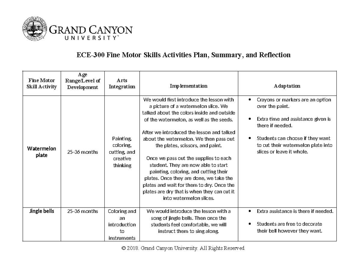 ECE-300-Fine Motor Plan - ECE-300 Fine Motor Skills Activities Plan ...