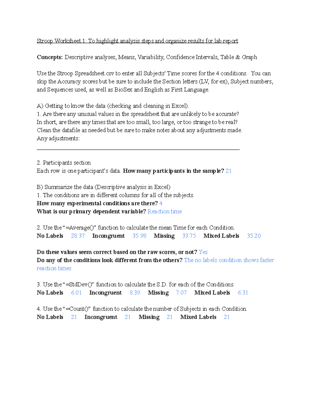 Jayda Coren Stroop Worksheet 1 - Stroop Worksheet 1: To highlight ...