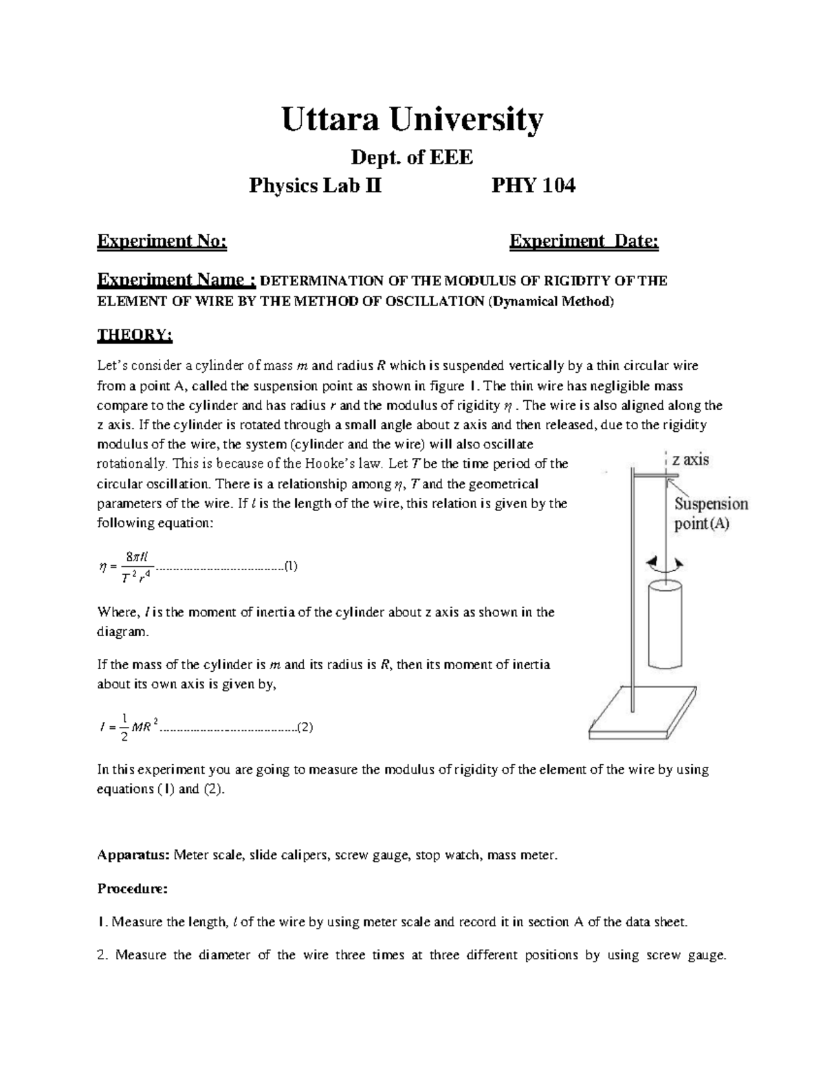 3. PHY 104Lab3 - aaa - Uttara University Dept. of EEE Physics Lab II PHY 104 Experiment No ...
