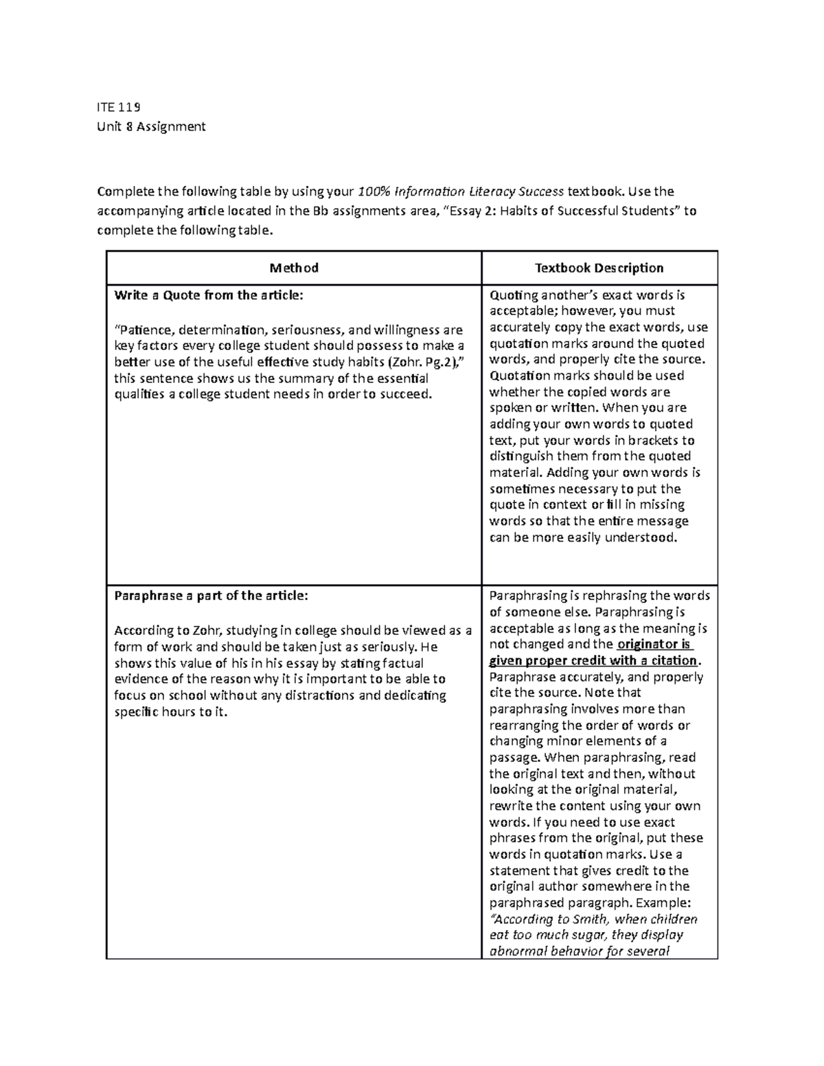 Unit 8 Assignment - Homework - ITE 119 Unit 8 Assignment Complete the following table by using ...